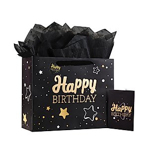 Powbrace Black Birthday Gift Bag with Tissue Paper and Greeting Card, 13'x10.2'x4.9', Medium (1-Piece Set, Black Starry Sky, Unisex, Includes Card, Ribbon, Crinkle Paper)