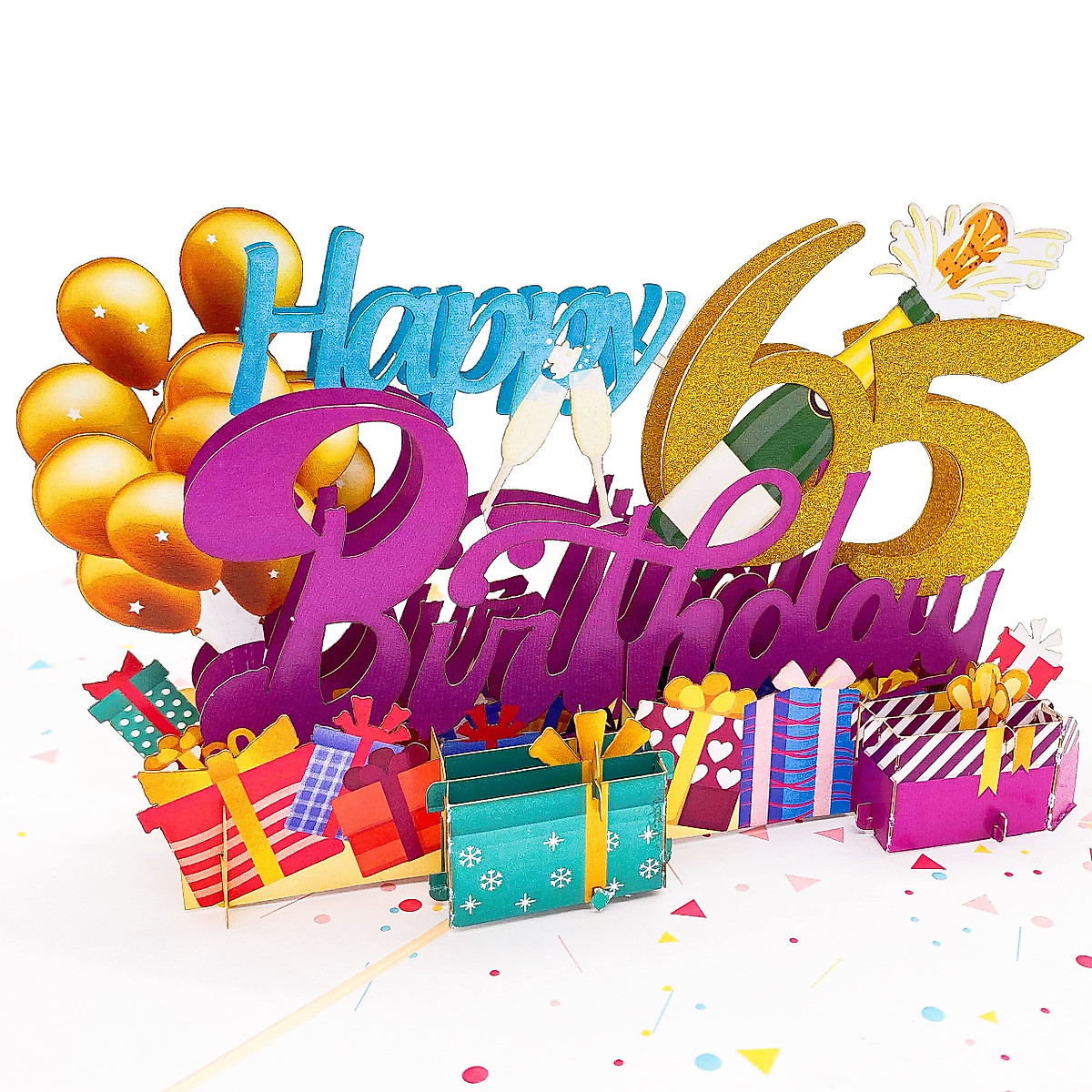 Liif Happy 65Th Birthday 3D Greeting Pop Up Card, Happy Birthday Card For Women, Men, Funny, 65 Years Old, Balloon, Champagne, Celebration - With 65 Gold Glitter & Message Note