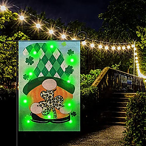 St Patrick's Day Garden Flag with Green Led Lights Good Shamrock Luck Truck Gnome 12 X 18 Inch Double Sided Garden Flag Durable Burlap Shamrock Garden Flag for Lawn Party Outdoor Decorations (Gnome-3)