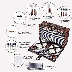 HYBDAMAI Willow Picnic Basket Set for 4 Persons with Waterproof Picnic Blanket, Wicker Picnic Basket for Camping, Outdoors, Valentine's Day, Christmas, Thanksgiving, Birthday