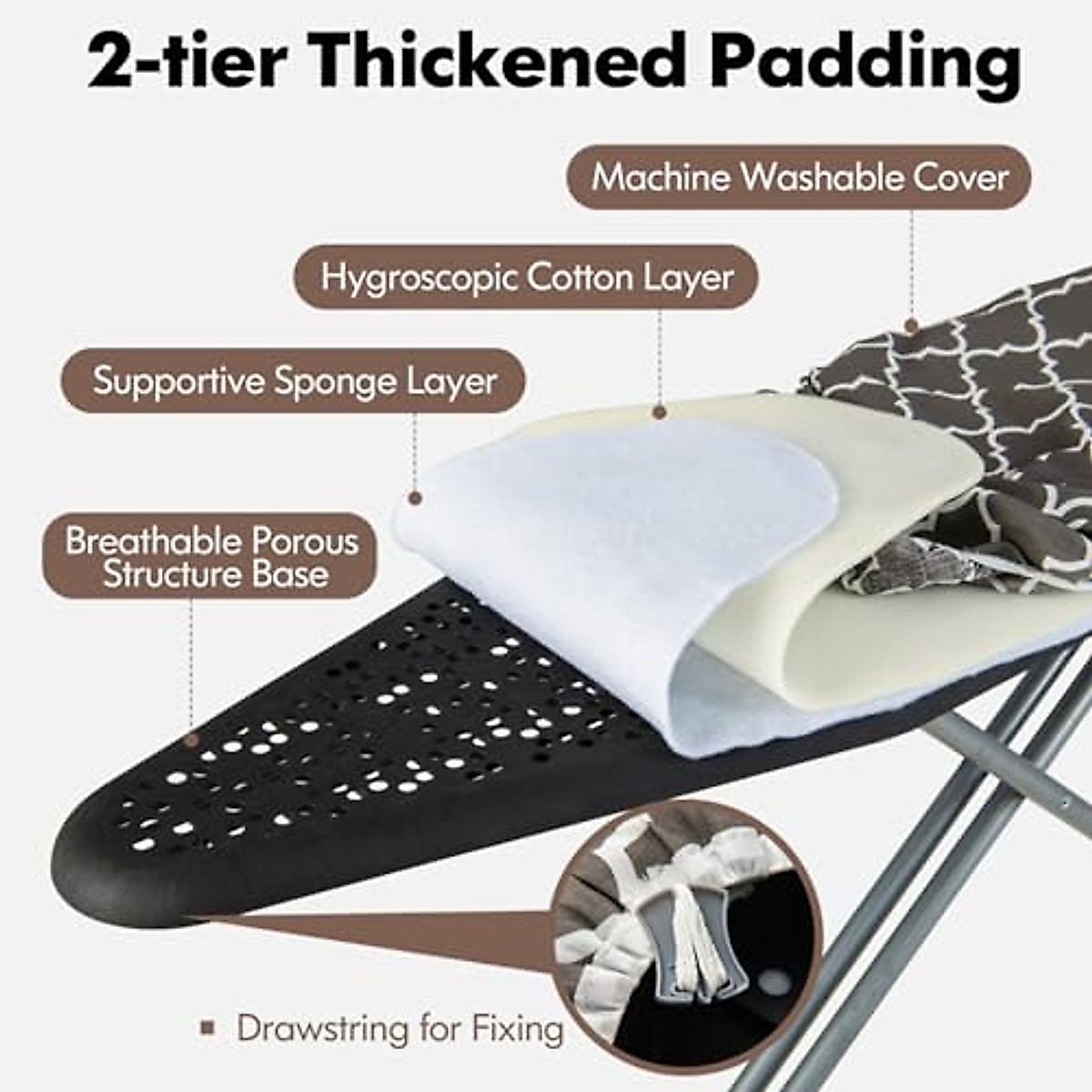 44 x 14 Inch Ironing Board Cover and Pad Extra Thick Heavy Duty Padded with Iron Rest Extra Cotton Cover (Gray)