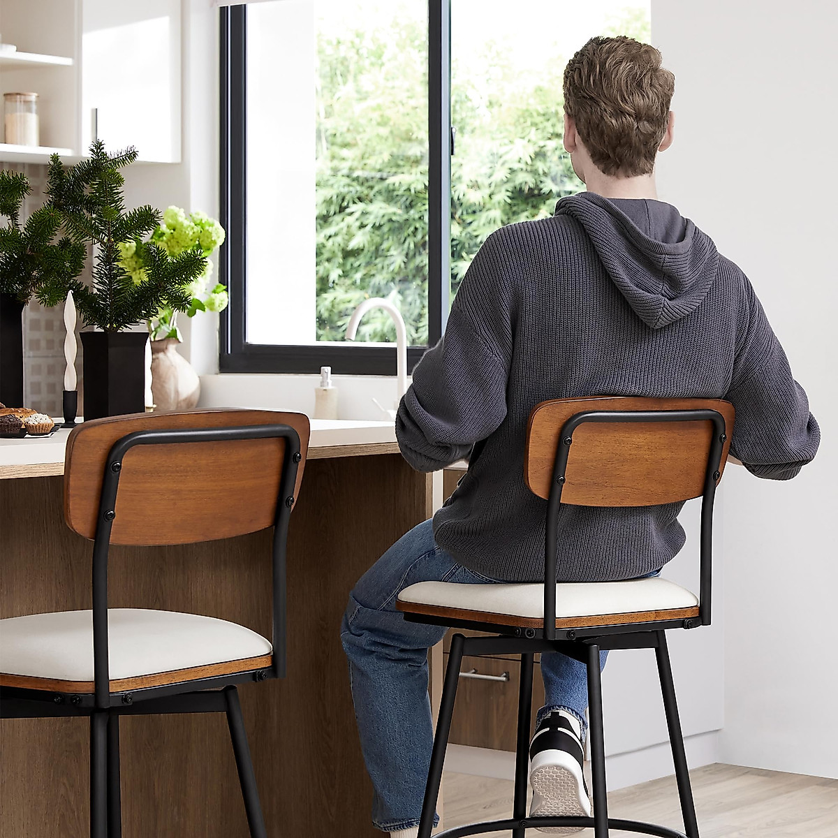 CHITA Swivel Counter Height Bar Stools with Back, Fabric Upholstered Barstools Set of 2, 27" Seat Height, Metal & Wood Frame, Cream