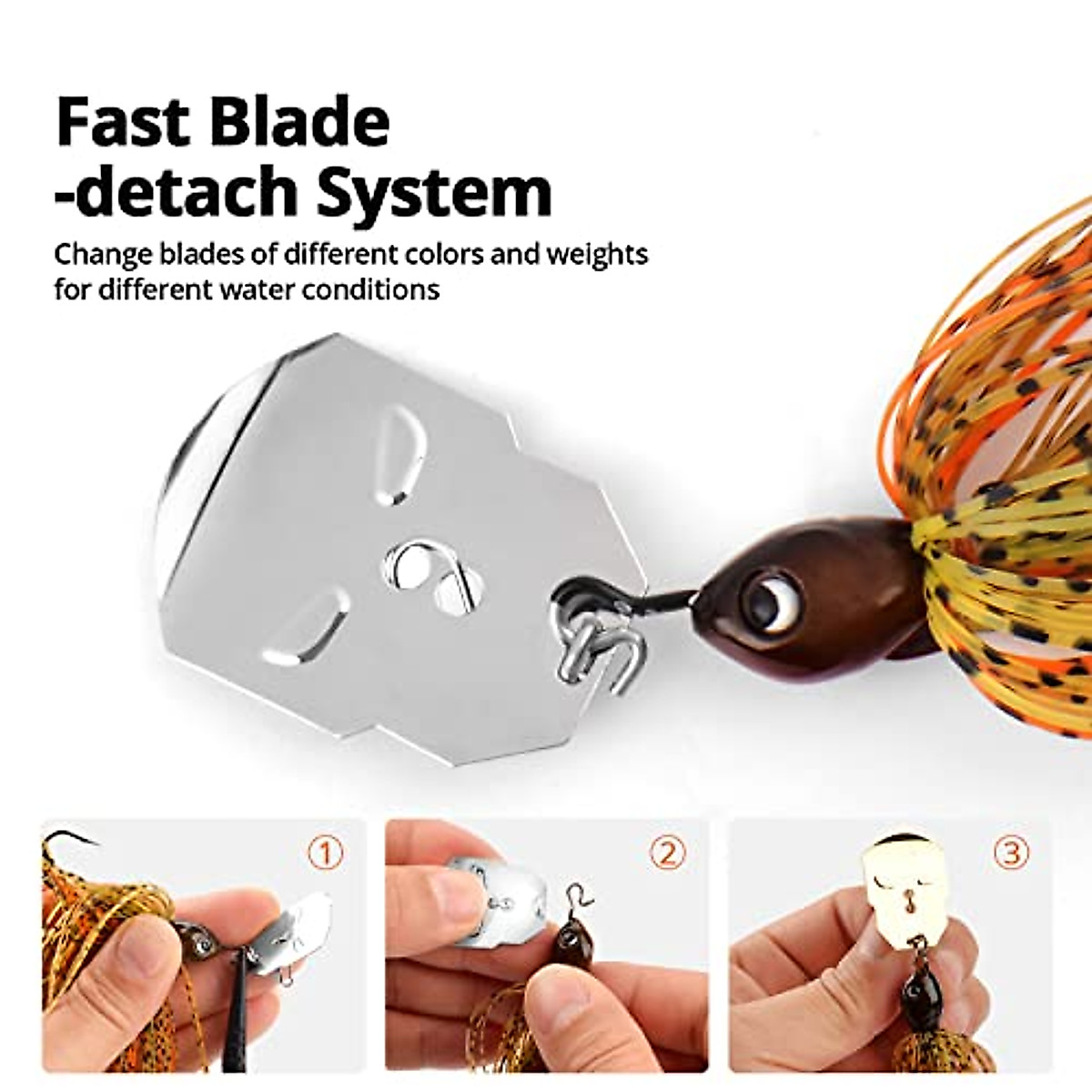 MadBite Bladed Jig Fishing Lures, 5 pc Multi-Color Kits, Irresistible Vibrating Action, Sticky-Sharp Heavy-Wire Needle Point Hooks, Popular 3/8 oz Sizes, includes Storage Box