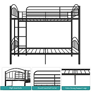 Metal Bunk Beds Frame Twin Over Twin, Convertible Into 2 Individual Metal Bed Frame, Removable Ladder & Safety Guard Rail (Twin Over Twin, Black)