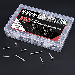 Hilitchi 285-Piece Stainless Steel Phillips Flat Head Self Tapping Screw Assortment Kit (Flat Head)