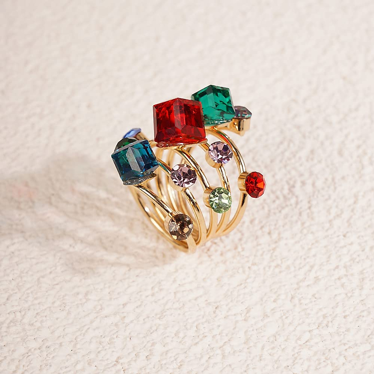 Jumwrit Gold Knuckle Ring Spiral Wrap Twist Ring Colorful Rhinestone Ring Open Finger Ring with Square Trendy Ring for Women Girls