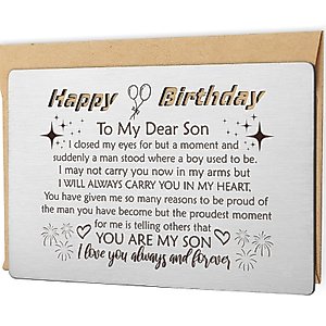 YODOCAMP Son Birthday Card from Mom, Happy Birthday Son Gifts, Metal Engraved Greeting Card for Son Birthday, Son Wallet Insert Card from Parents