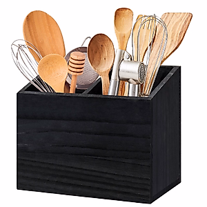 Y&ME YM Kitchen Utensil Caddy With 2 Compartments, Rustic Kitchen Utensil Holder Wood Utensil Organizer Box, Farmhouse Utensil Crock Flatware Organizers, Cutlery Storage Box For Kitchen (Black)