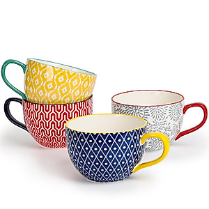 K KitchenTour Ceramic Soup Bowls with handle 24oz Set of 4 - Jumbo Soup Mugs for Cereal Tea Milk - Dishwasher & Microwave Safe - Bohemian Style