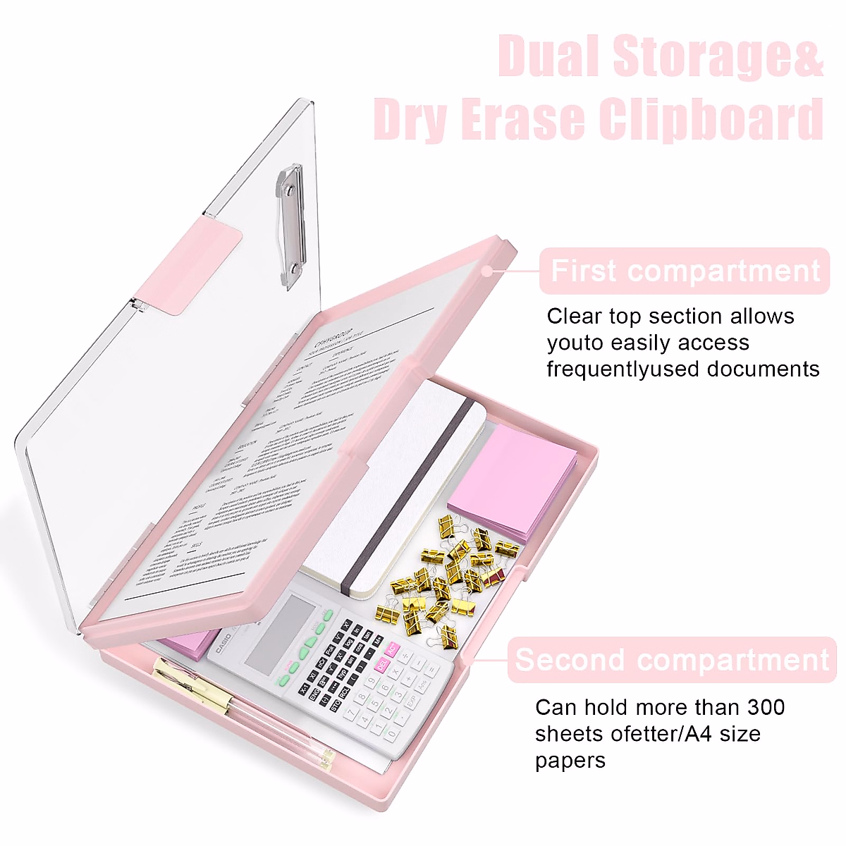 Hongri 8.5 x 11 Clipboard with Storage, Folder Nursing Clipboards Side Opening, Heavy Duty Clipboard with Dual Compartment Storage Box, Smooth Writing for Work, Office & School Supplies(Pink)