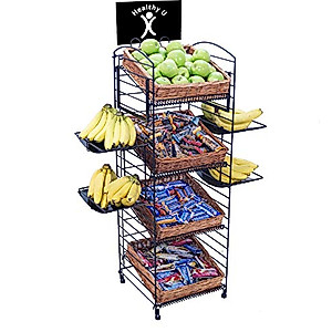 Mobile Merchandisers 5-Shelf Fold-Up Display with Square Willow Baskets; Overall Dimensions 16" x 47"H x 16" D (B1444-MB-BSKT)Q