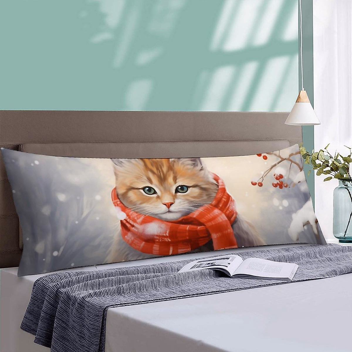 MaSiledy Wintery Cat with Red Scarf Body Pillow Pillowcase 20-Inch X 54-Inch Printed Pillow Cover Christmas Body Pillow Case with Hidden Zipper Closure for Decoration Sofa Couch