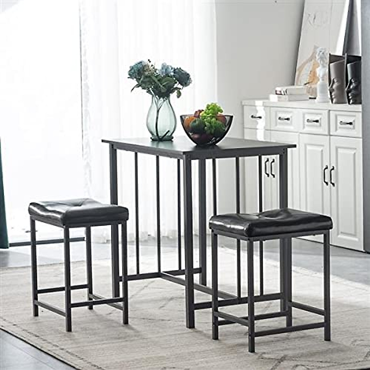 43.2 * 33 * 55.2CM in Stock 3 Piece Dining Table Set Dining Set for 2 PVC Table and 2 Stools Black