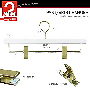 MAWA by Reston Lloyd, European Wooden Hanger, Beech Wood Hanger with Adjustable Pant Clips, Rotating Gold Hook, White Finish, for Pants, Shorts, & Skirt Clothes Hanger