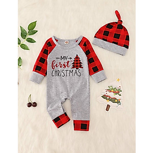 TUEMOS My First Christmas Baby Boy Outfit Long Sleeve Xmas Romper Red Plaid Jumpsuit Christmas Romper Baby Boy