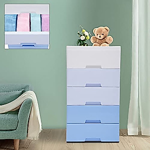 DYRABREST 5 Drawer Plastic Drawers Dresser Storage Cabinet Stackable Vertical Clothes Storage Tower with 4 Wheels for Hallway Entryway (Gradient Blue)