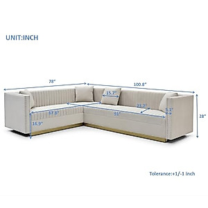 FANYE 2PCS Contemporary Sofa Sets Vertical Channel Velvet Tufted Sofa&Couch Include 3 Seaters CouchX2, L-Shaped Corner Sectional W/Gold Metal Strip Decor for Apartment Office Living Room Sets