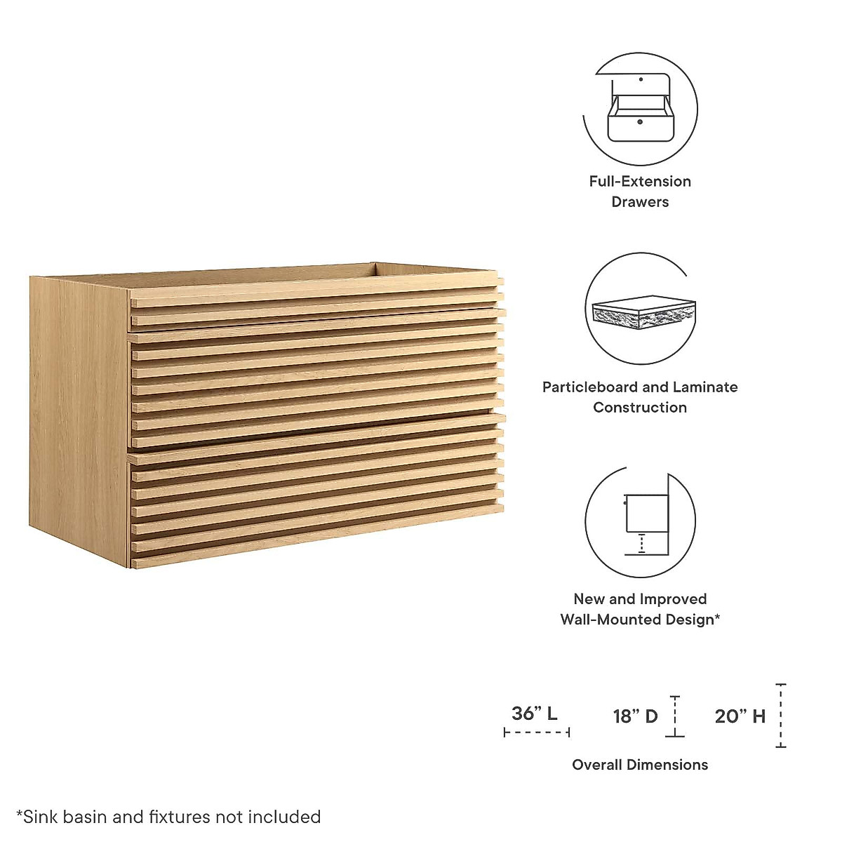 Modway Render 36" Wall-Mount Bathroom Vanity Cabinet in Oak-Sink Basin Not Included, 36 Inch