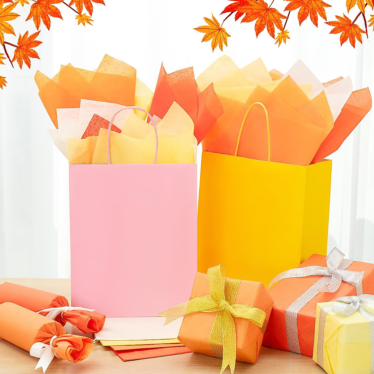 Simetufy Orange Tissue Paper for Gift Bags, 120 Sheets 14 x 20 Inches Yellow Wrapping Paper for Packaging, Tissue Paper Bulk for Fall, Halloween, Thanksgiving, Birthday, Holiday Decor and DIY Craft