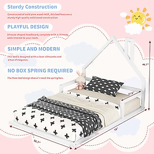 Floor Bed for Kids, Full Size Montessori Bed with House Shape Headboard and Railings, Wood House Bed with Slats for Boys Girls, Low to Ground Height, No Box Spring Needed, White