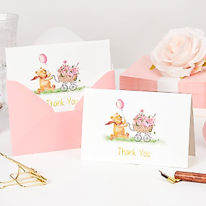 Crisky Baby Shower Girl Thank You Cards with Envelopes 50 Pack Pink Baby Shower Greeting Notes Bulk (Cute Bear with Baby Carriage)