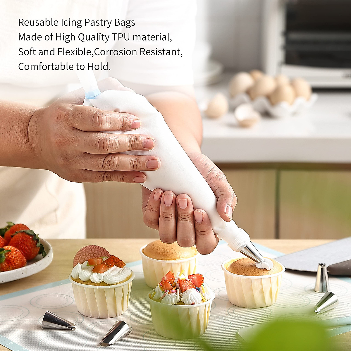 Silicone Baking Mat Kit, Non-Stick Food Grade Silicone Mats Set of 2 Half Sheet Macaron Mats, 6 Piping Tip,2 Piping Bag and 2 Tie Heat Resistant,BPA Free-Reusable Nonstick Liners for Baking Pans