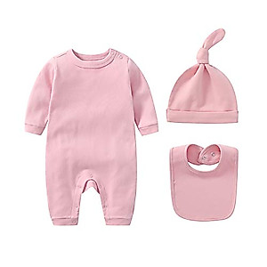 Infant Romper+Burp Cloth+Bib+Mittens+Shoes+Cap Set Breathable Healthy Fabric Tops for Baby (Pink, (0-3) month)