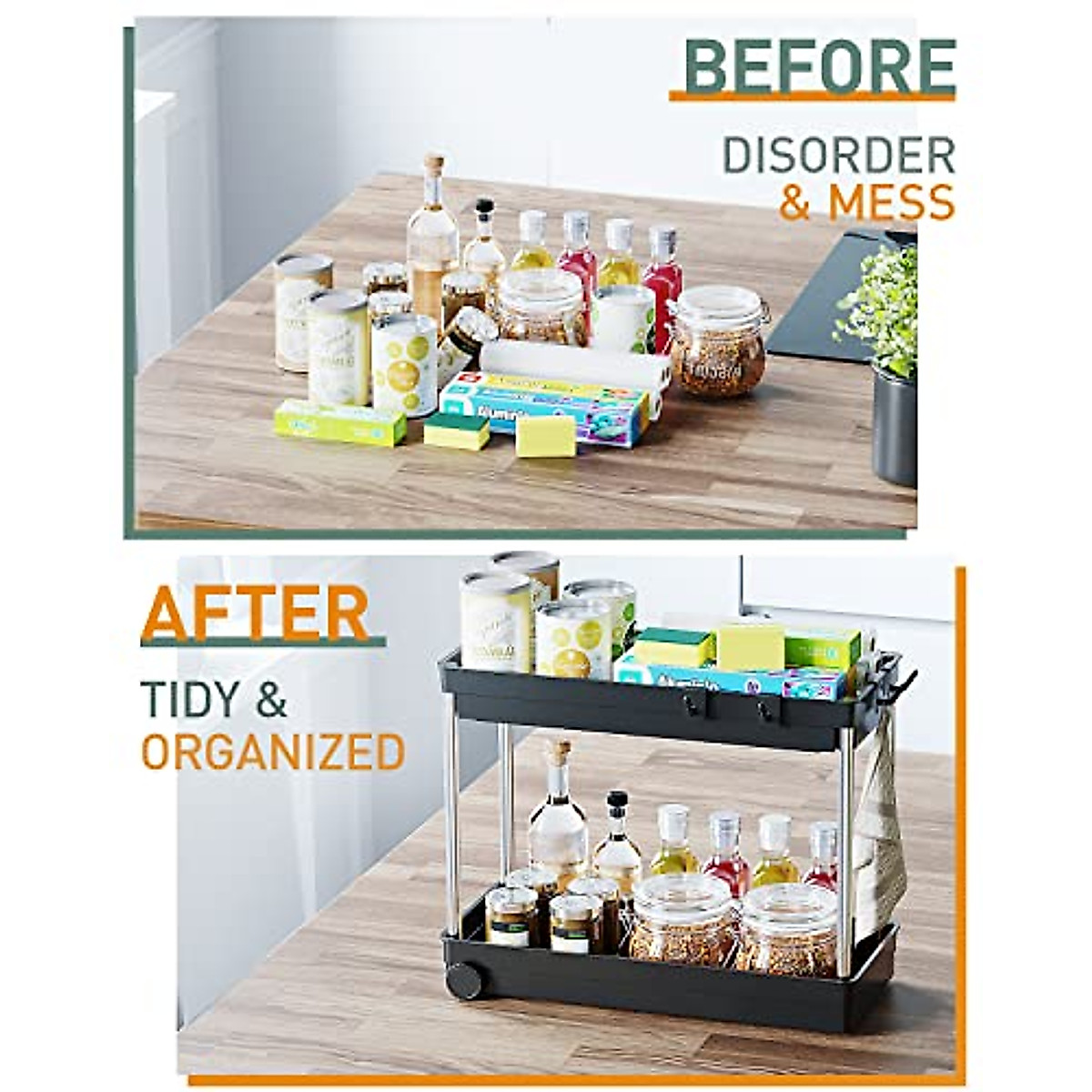 Under Sink Organizer, 2 Tier Under Bathroom Cabinet Storage, Pull Out Under Sink Storage Rack, Under Cabinet Organizer and Storage with Hooks, Multi-purpose Shelf Organizer for Bathroom/Kitchen
