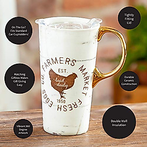 Cypress Home Farmhouse Chic Travel Mug - Farmers Market Ceramic Travel Cup - 5 x 7 x 4 Inches Insulated Coffee Tea Travel Cup