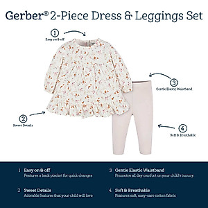 Gerber Baby Girls Toddler 2-piece Long Sleeve Dress & Leggings Set, Pink Floral, 12 Months US