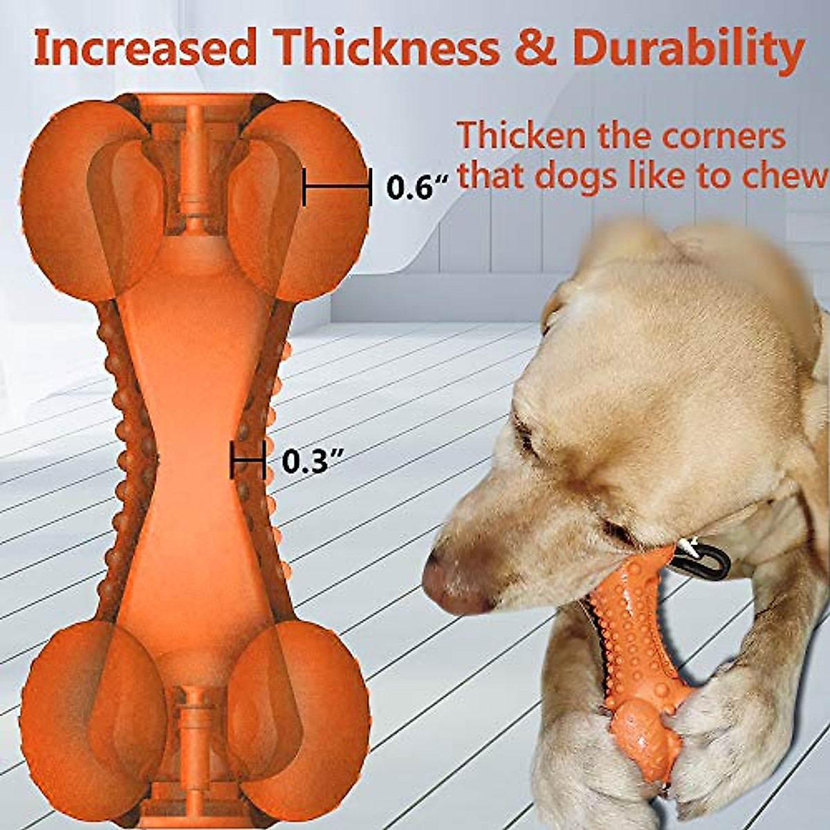 SCHITEC Squeaky Dog Chew Toy, Tough Durable Natural Rubber Bone with Toothbrush, Indestructible for Aggressive Chewers Large Medium Breed Teeth Cleaning