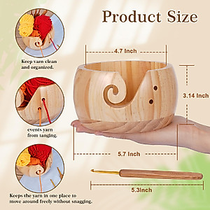 Wooden Yarn Bowl with 8Pcs Metal Crochet Hooks, Knitting Yarn Bowl with Holes Storage Handmade to Prevent Slipping, Perfect Yarn Holder Bowl for Crocheting and Knitting Mother's Day Gift 5" x 3"