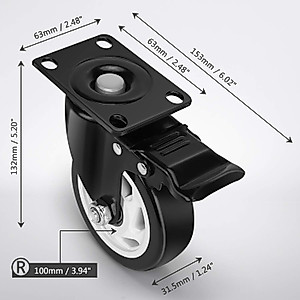 Workbench Casters - Heavy Duty Casters Set of 4 with Brake - 4-inch Swivel Casters for Furniture Pieces - Noiseless Industrial Casters with Polyurethane Rubber Coating - 1200 Lbs Total Capacity