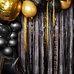 MEEZY 3Pack 3.2ft x 8.2ft Black Foil Fringe Curtains Backdrop Metallic Foil Tinsel Streamers with Black Balloons for Graduation Bachelorette Baby Shower Wedding Birthday Bridal Shower Party Decor