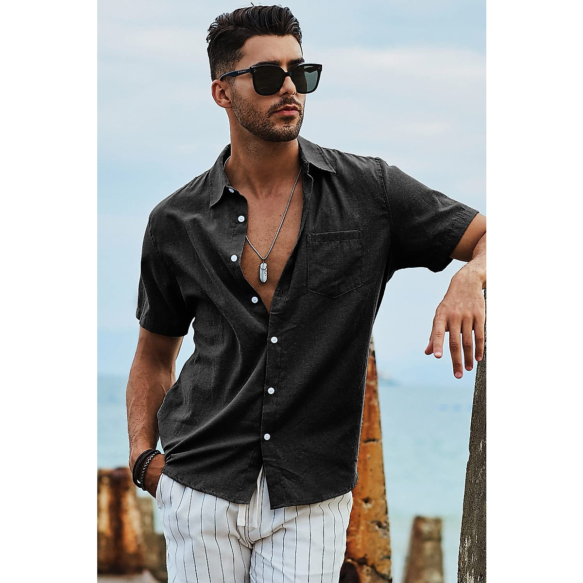 JMIERR Mens Summer Casual Stylish Short Sleeve Button-Up Shirts Cotton Linen Solid Color Business Dress Shirts Beach T Shirt, 2XL, Black