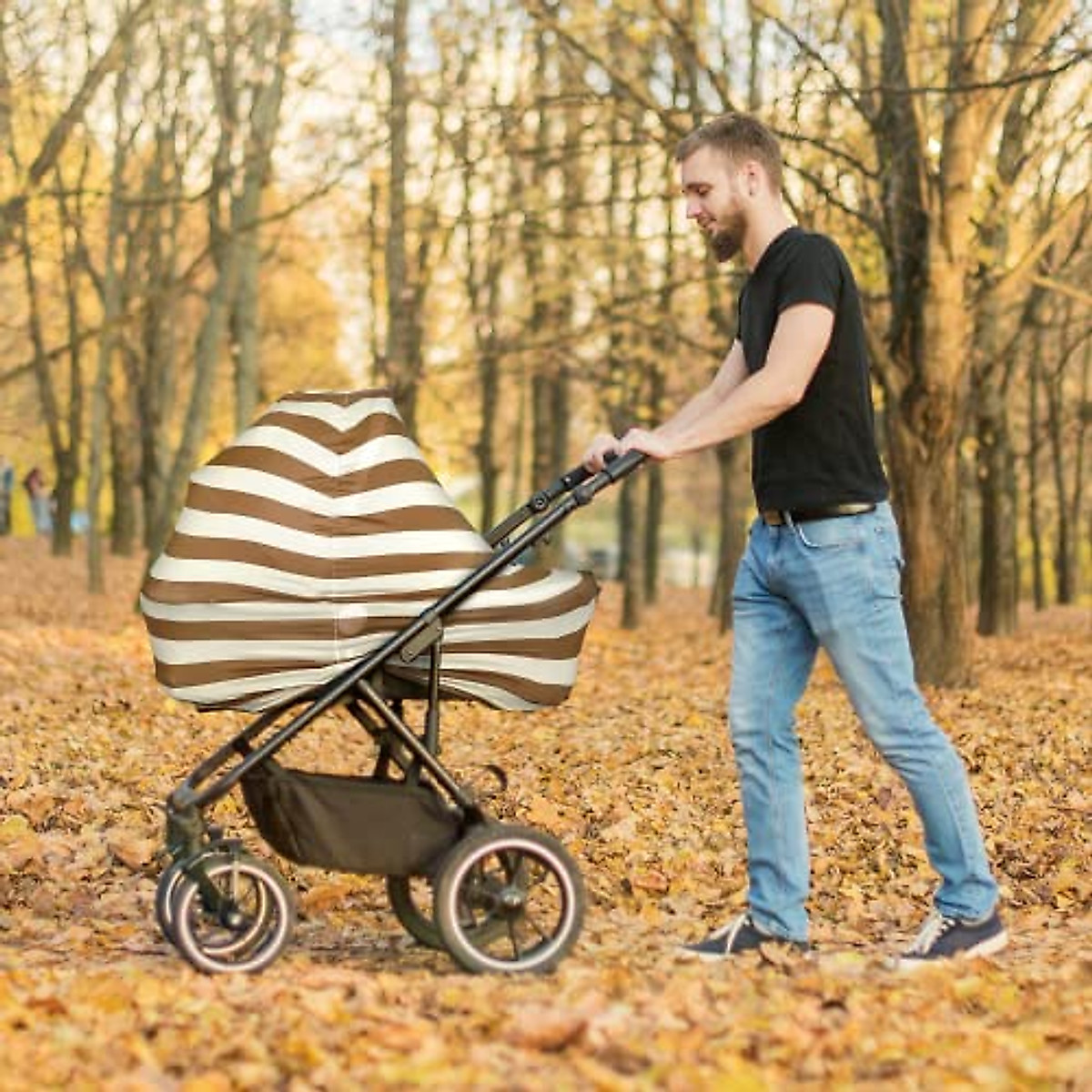Baby Carseat Nursing Cover - Car Seat Cover for Baby Boys & Girls - All-in-1 Breastfeeding Covers - Stripe Multi Use Stretchy Stroller Covers - Storage Bag, Brown&Cream…