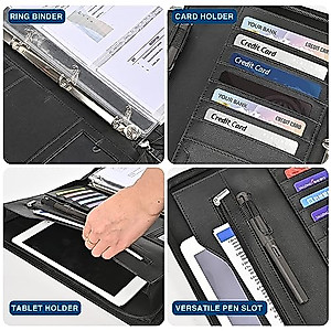 Deziliao 3-Ring Padfolio Portfolio Binder Organizer, Document Organizer Folio, 10.4 Inch PU Leather Business Portfolio with Zipper, Business Planner Notebook Organizer for Women/Men（Black）