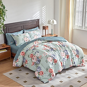 Floral Comforter Sheet Set Bed in a Bag 6 Pieces Twin Size Red Flowers Microfiber Summer Bedding Set (1 Comforter 2 Pillow Shams 1 Flat Sheet 1 Fitted Sheet 1 Pillowcases)