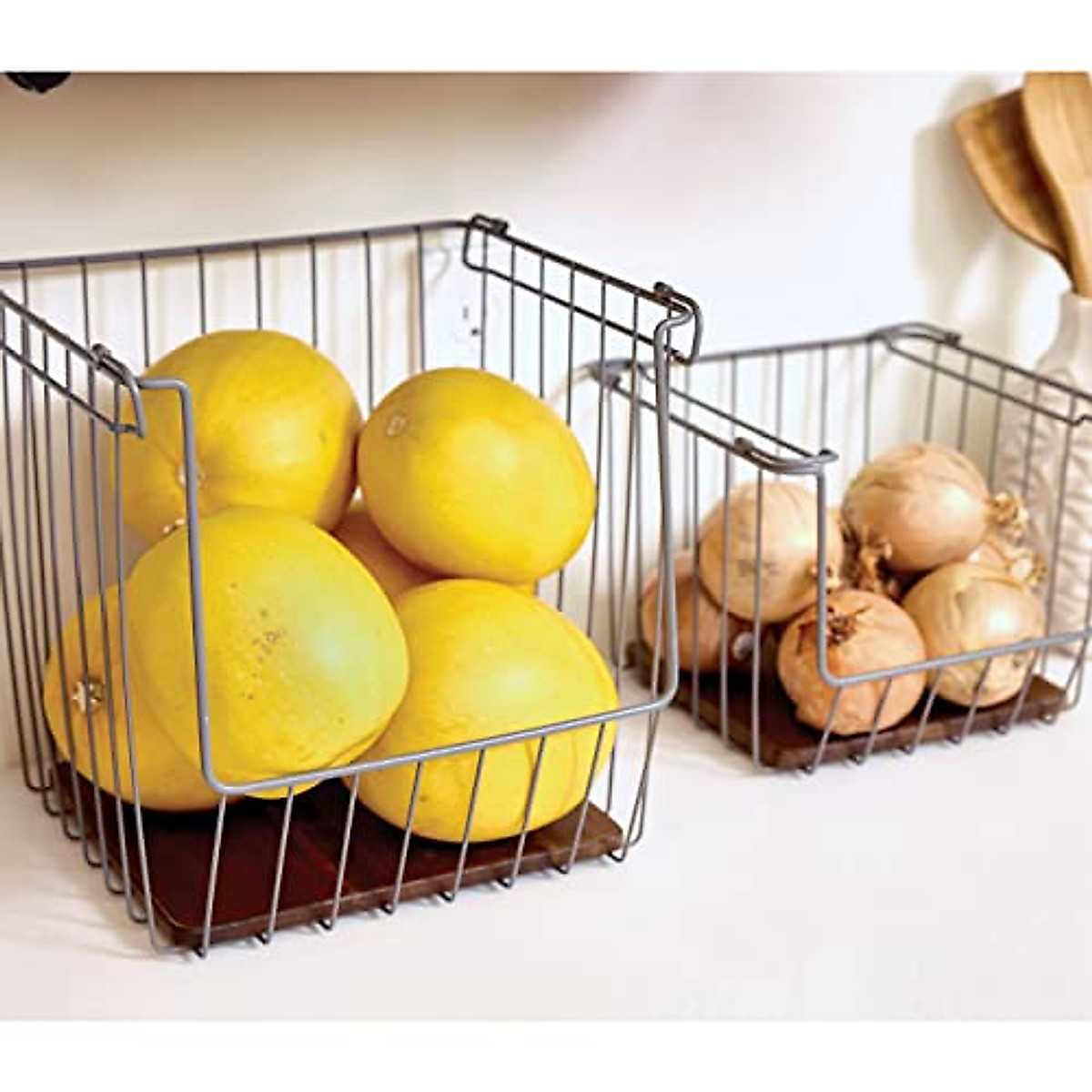 The Ría Safford Collection by iDesign Open Front Wire Basket with Acacia Wood, 12" x 12" x 12", Charcoal