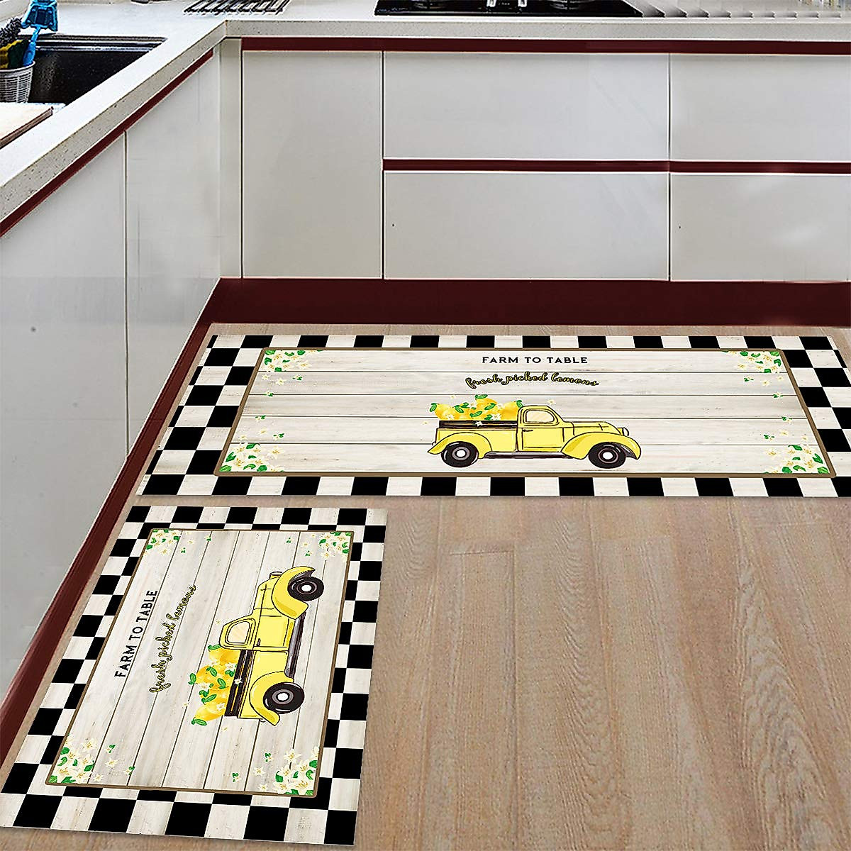 2 Pieces Kitchen Mat Set, Yellow Truck Loads Farm Picked Lemons on Black Checker, Non Slip Rubber Backing Bathroom Floor Mat Low Pile Machine Washable 15.7x23.6In + 15.7x47In
