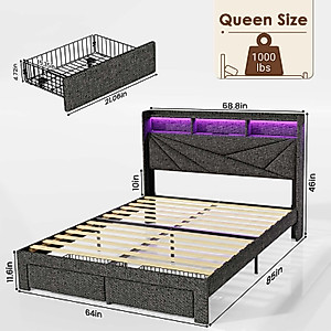 Driftalia LED Queen Bed Frame with 2 Storage Drawers, Upholstered Bed Frame Queen Size with Headboard and Charging Station, No Box Spring Needed, Easy to Assembly-Dark Grey