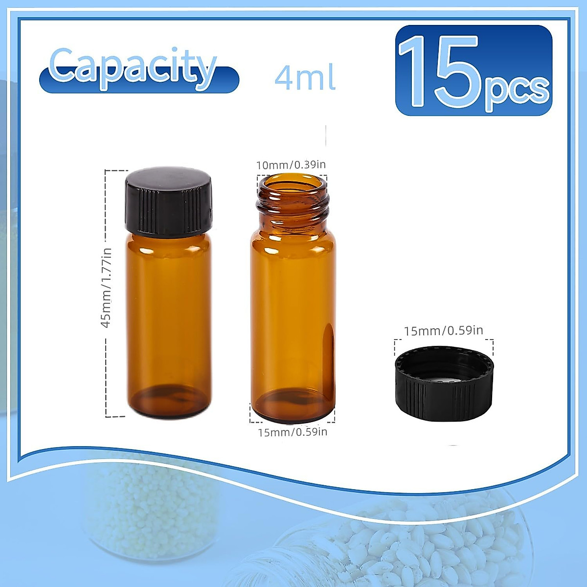 QOAEZK 15 PCS 4ML Amber Small Liquid Sample Glass Vials with Screw Caps,1Dram 15x45mm Leak-Proof Vial, 13-425 Black Screw Cap with PE Liners for Lab, Essential Oil, Perfume, Reagents