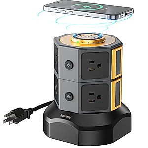 SUPERDANNY Power Strip Tower with 15W Wireless Charger, 6.5Ft Retractable Extension Cord, 1050J Surge Protector, Desktop Charging Station with 8 Outlets 4 USB Ports(2 USB C) for Home, Office, Garage
