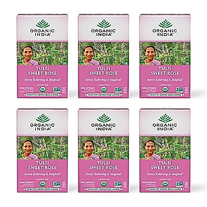 Organic India Tulsi Sweet Rose Herbal Tea - Holy Basil, Stress Relieving & Magical, Immune Support, Adaptogen, Vegan, USDA Certified Organic, Non-GMO, Caffeine-Free - 18 Infusion Bags, 6 Pack