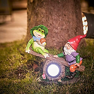 pearlstar Garden Gnomes Statue, Gnomes Decorations for Yard, Gnomes and Frog Play on Seesaw Solar Garden Sculptures & Statues with Lights Gnome Decor for Patio Lawn Porch Garden Decor Gift