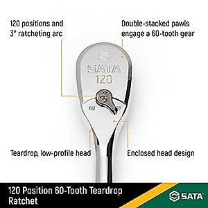 SATA 1/2-Inch Drive 120P Professional Ratchet with Dual-Pawl 60-Tooth Teardrop Head and 3-Degree Swing Arc, Heavy-Duty - ST13974