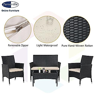 Furnivilla 4 Pieces Patio Furniture Sets Outdoor Furniture PE Wicker Patio Set Patio Conversation Set Balcony Furniture with Cushions and Table for Yard,Pool or Backyard (Black-Beige)