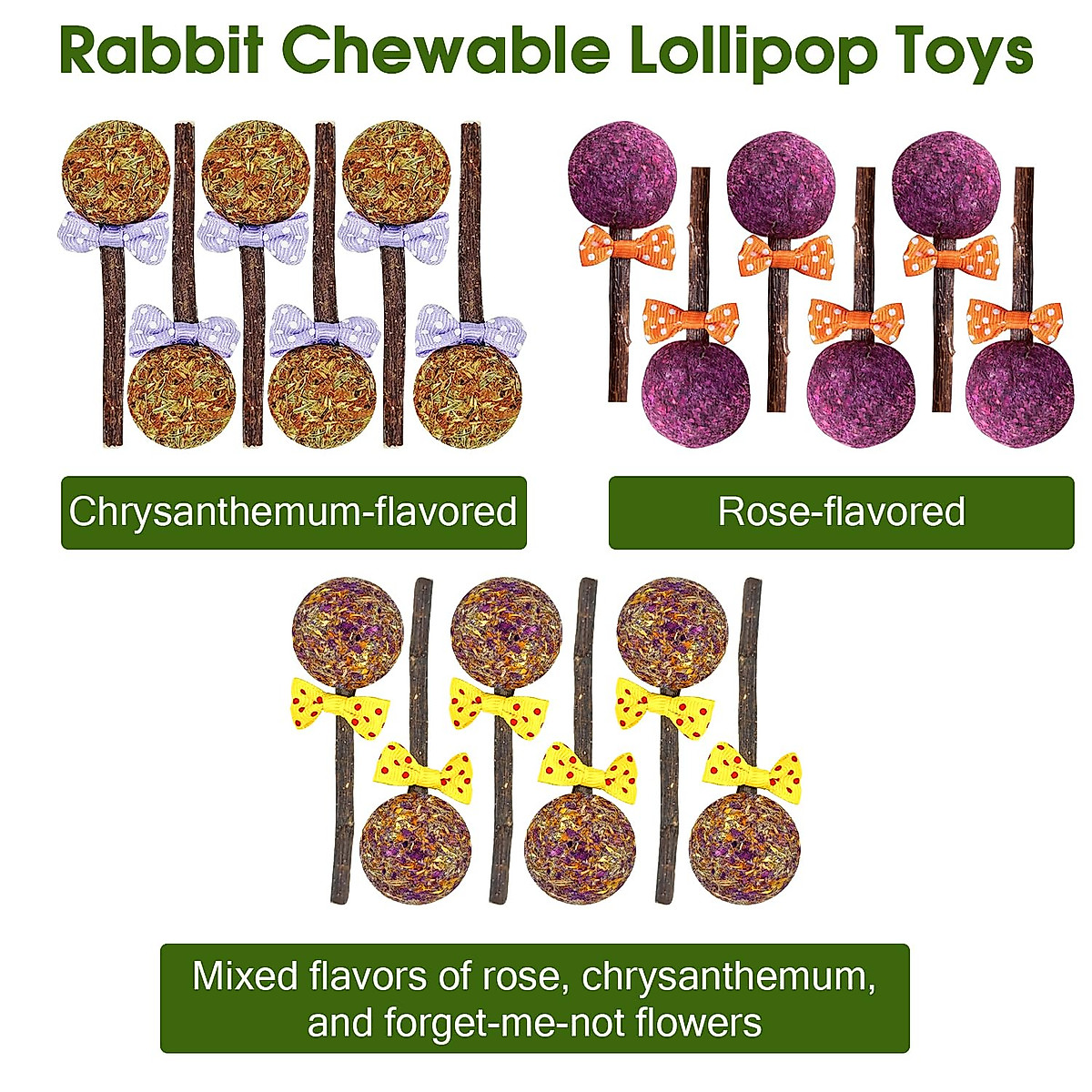 KIROYAL 18 PCS Rabbit Chewable Lollipop Toys, Interactive Bunny Toy for Small Pets, Purely Handmade Chew Toys for Bunnies, Guinea Pigs, Hamsters, and Chinchillas, Bunny Teeth Care