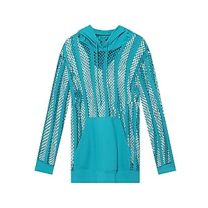 Men's Fishnet Hoodie Shirt Striped Mesh Sheer See Thru Muscle Top Gym Workout Active Shirts Summer Baggy Loose Tee Shirts Blue - Long Sleeve X-Large