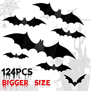 Big Size Bat Wall Decor Stickers, 124pcs Indoor Large Bats Halloween Decorations, DIY 3D Gothic Bats Decor, PVC Bat Stickers for Gothic House, Hunted Mansion, Ghost House, Goth Decor